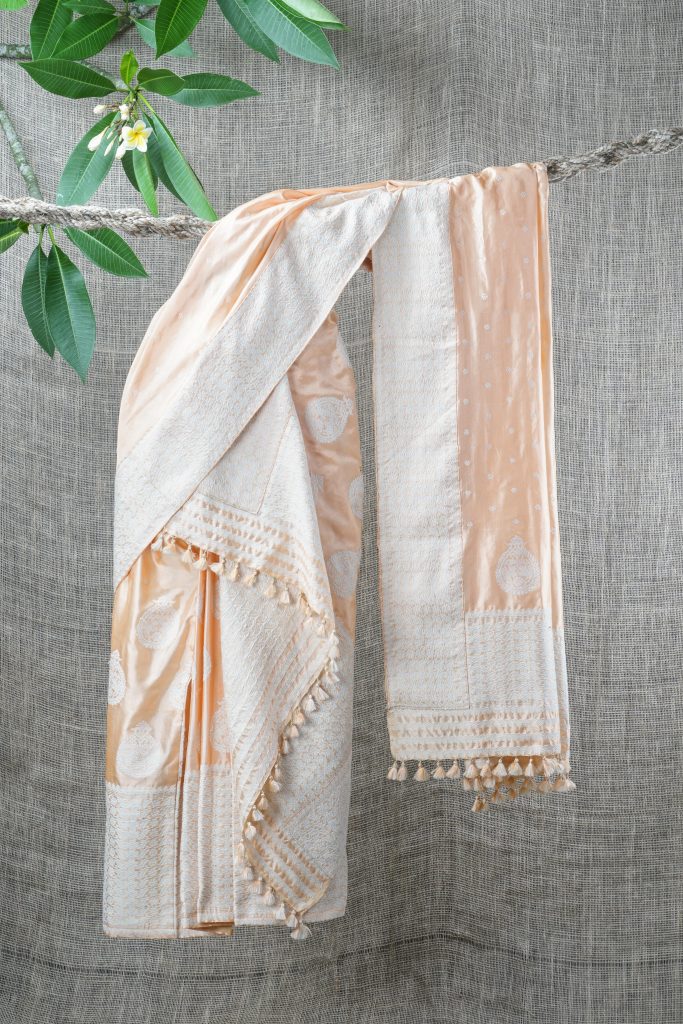 Assam Pat Silk Peach Mekhela Chador | River Jasmine